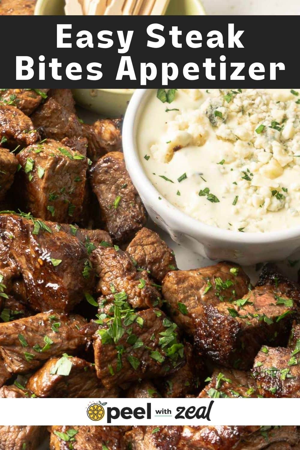 Steak Bites Appetizer with Blue Cheese Sauce - Peel with Zeal