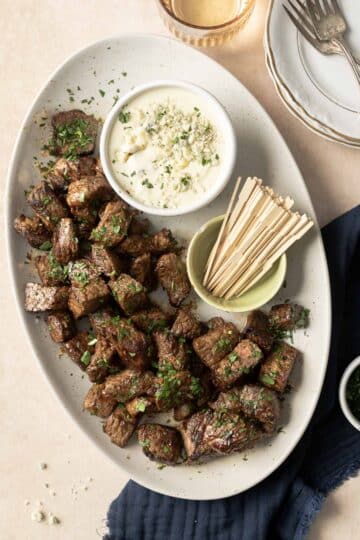 Steak Bites Appetizer with Blue Cheese Sauce - Peel with Zeal